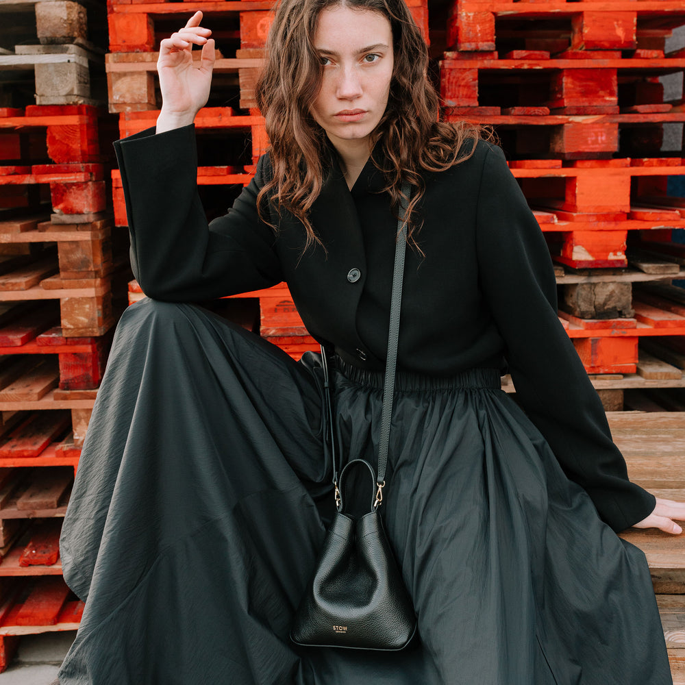 Mini Curve Bag in Black Leather from STOW London