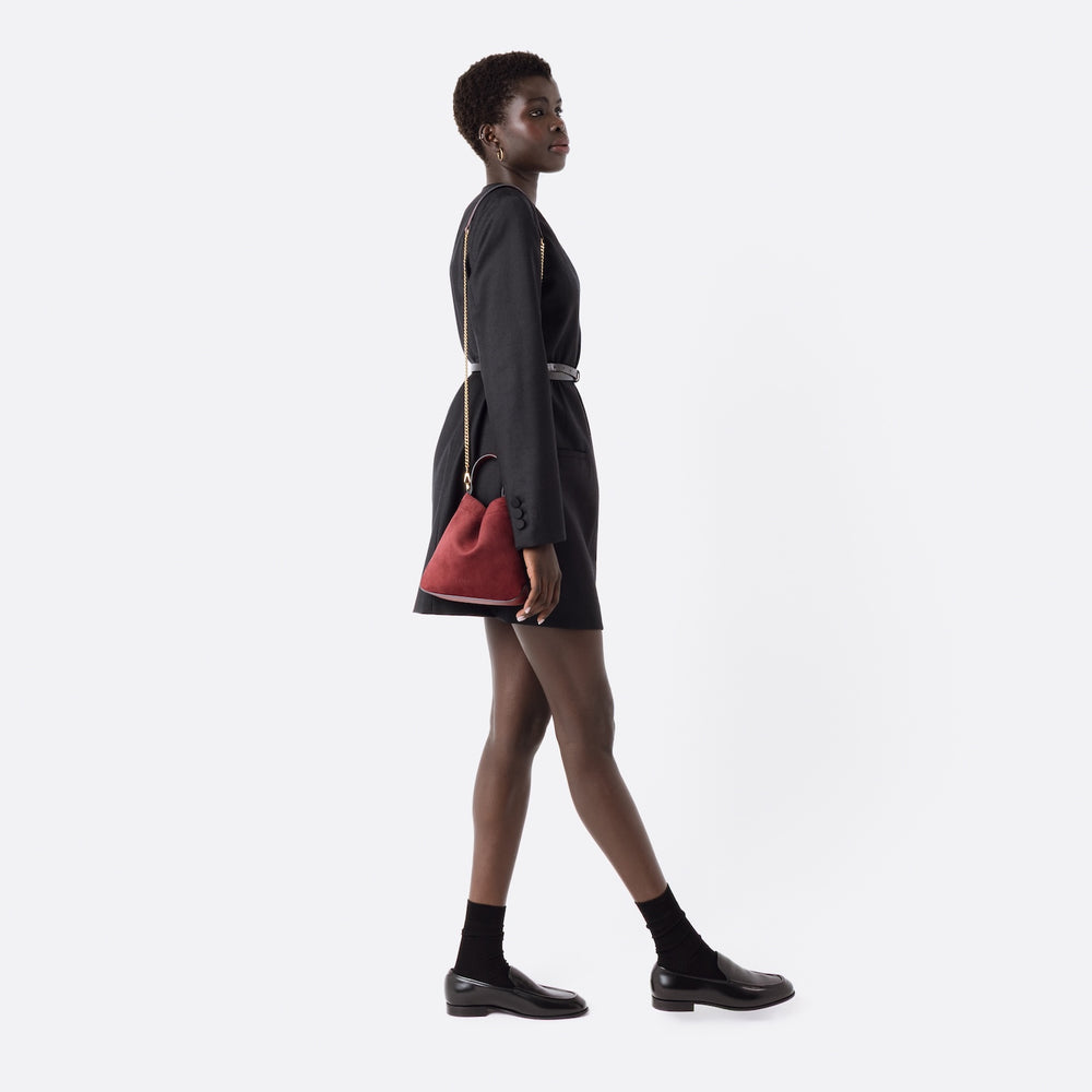 Mini Curve Bag in Burgundy Suede Leather from STOW London