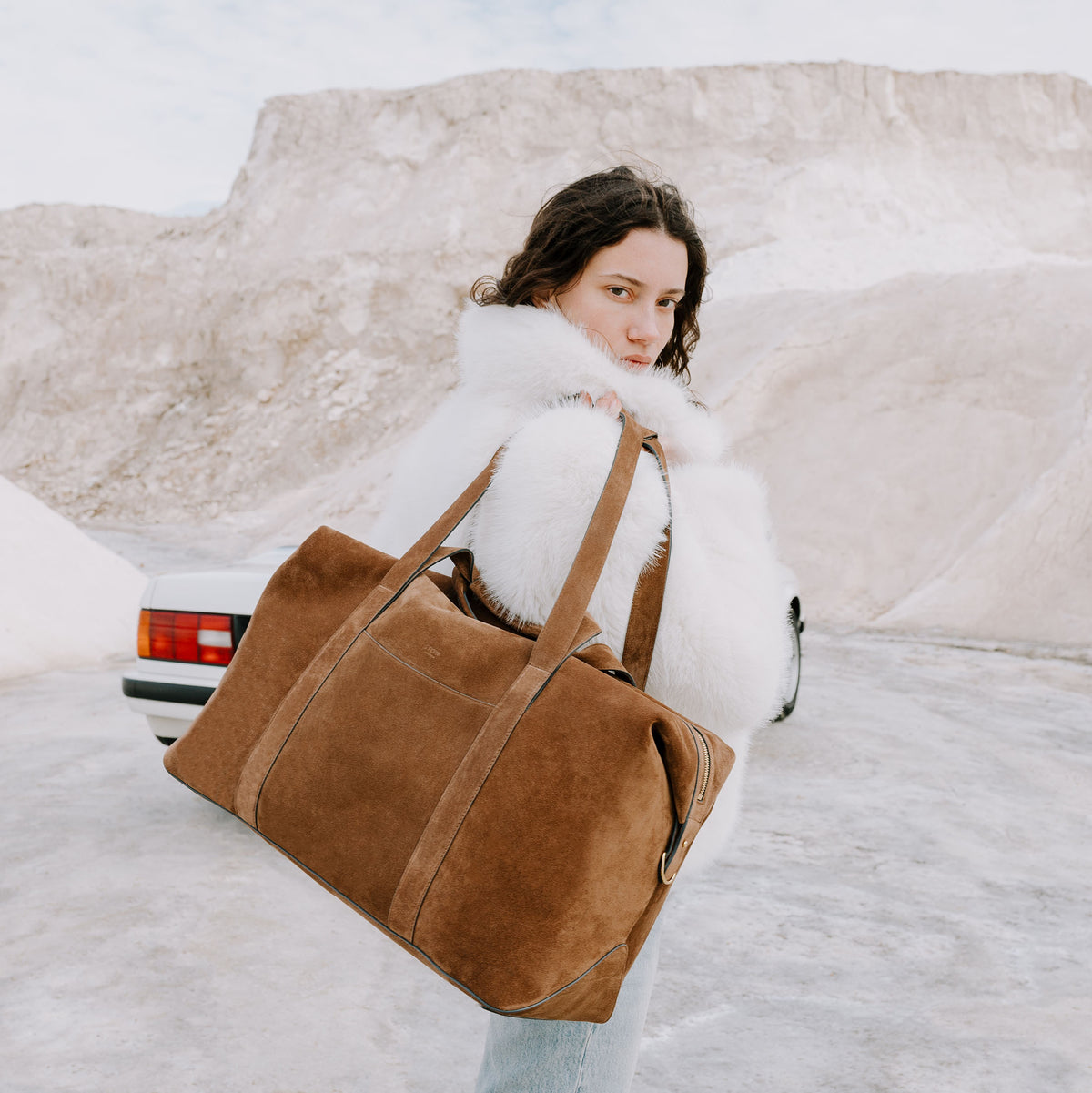 Weekend Bag in Chocolate Suede from STOW London